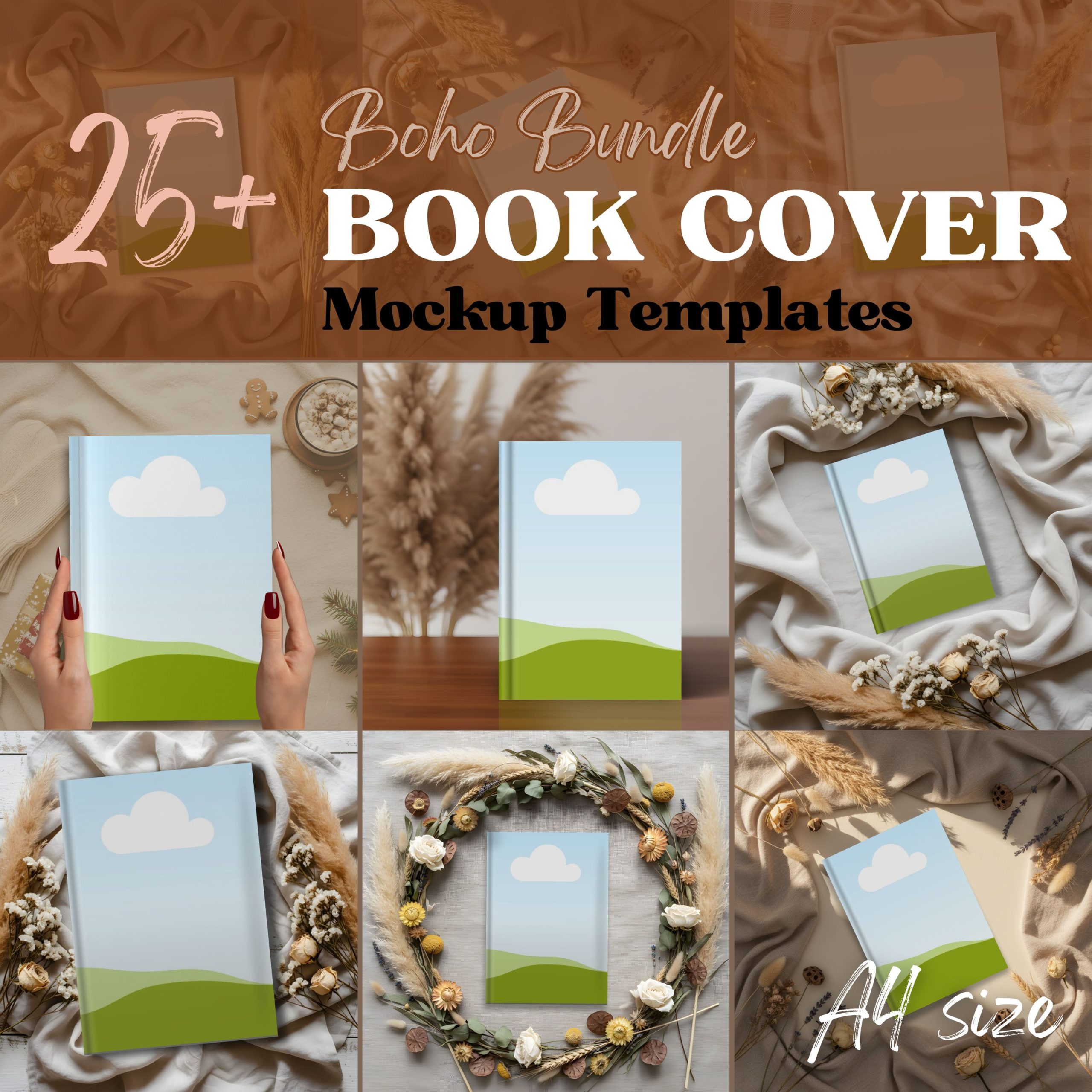 Boho Book Cover Mockup Canva Bundle with 25 Backgrounds, Canva Editable ...